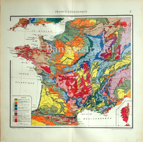1923 Antique Map of France Geological View. Fun with
