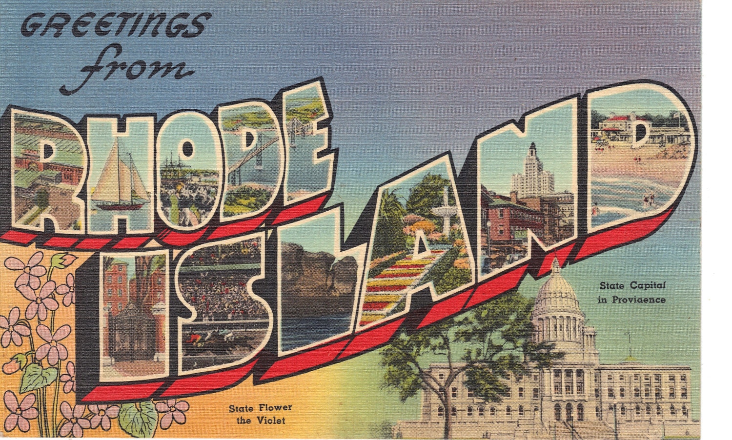 Greetings from Rhode Island Linen Postcards Large Letter