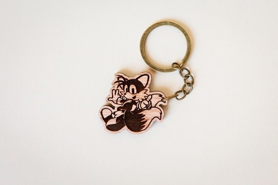 Tails wooden keychain Laser engraved white by SpaceSheepLaser
