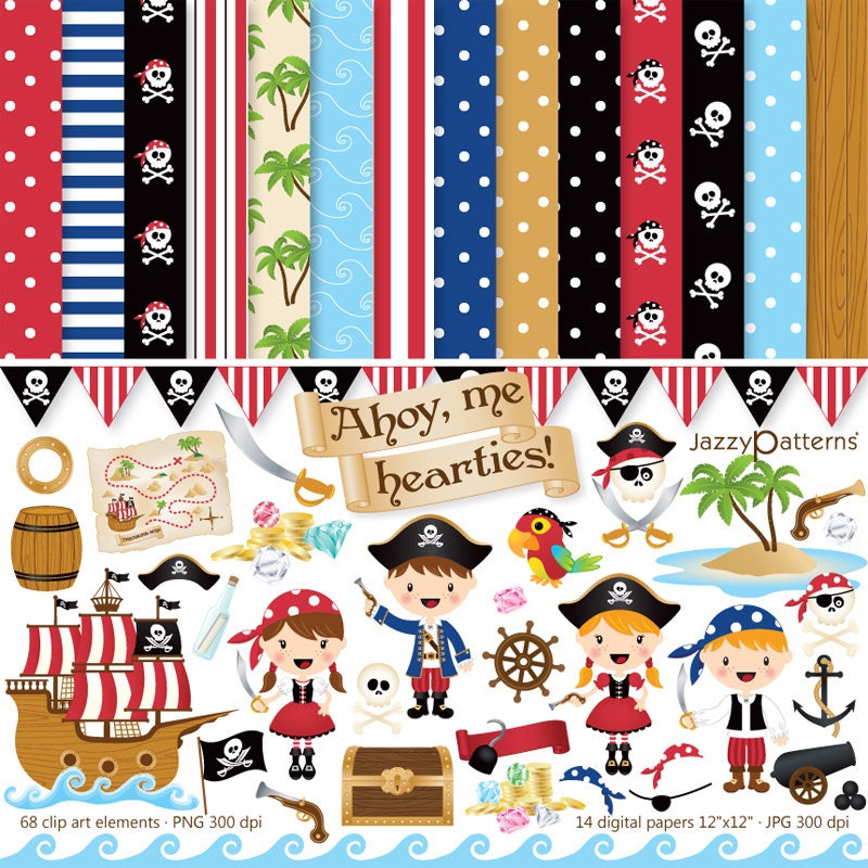 Pirate clipart and digital paper pack for boys and girls. Ahoy