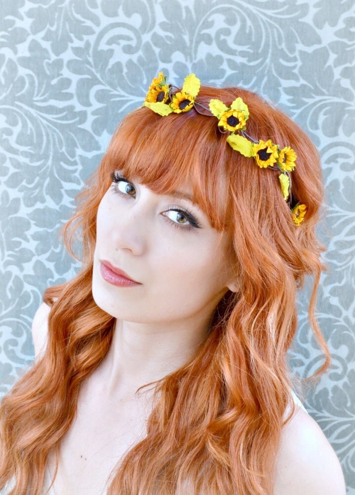 Sunflower crown floral headband rustic hair by gardensofwhimsy