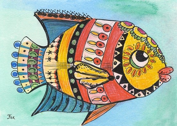 Items similar to Watercolor print of Mehndi design fish on Etsy