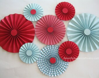 8pc Red and Aqua Rosettes || Paper Fans || Christmas Pepper Mint Decor ...
