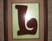 Framed Glossy Brown Letter "L", Wood and Glass frame, Light Green Paper ...