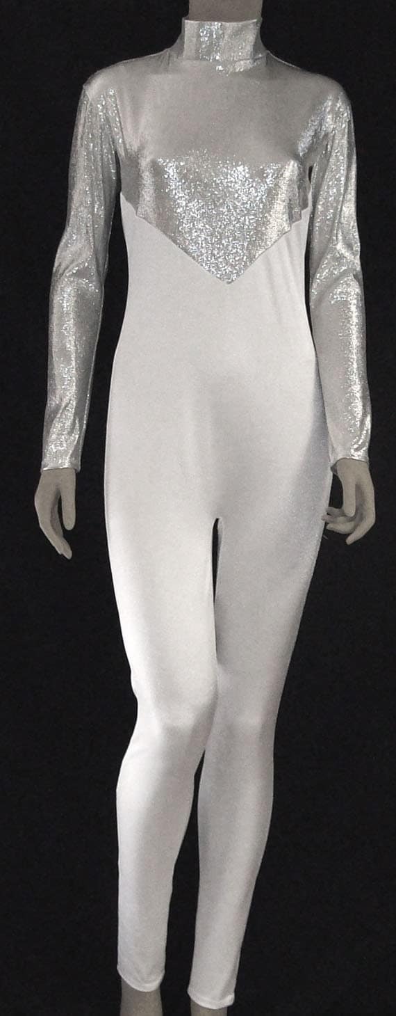 White Spandex and Shiny Silver Metallic Unitard Catsuit