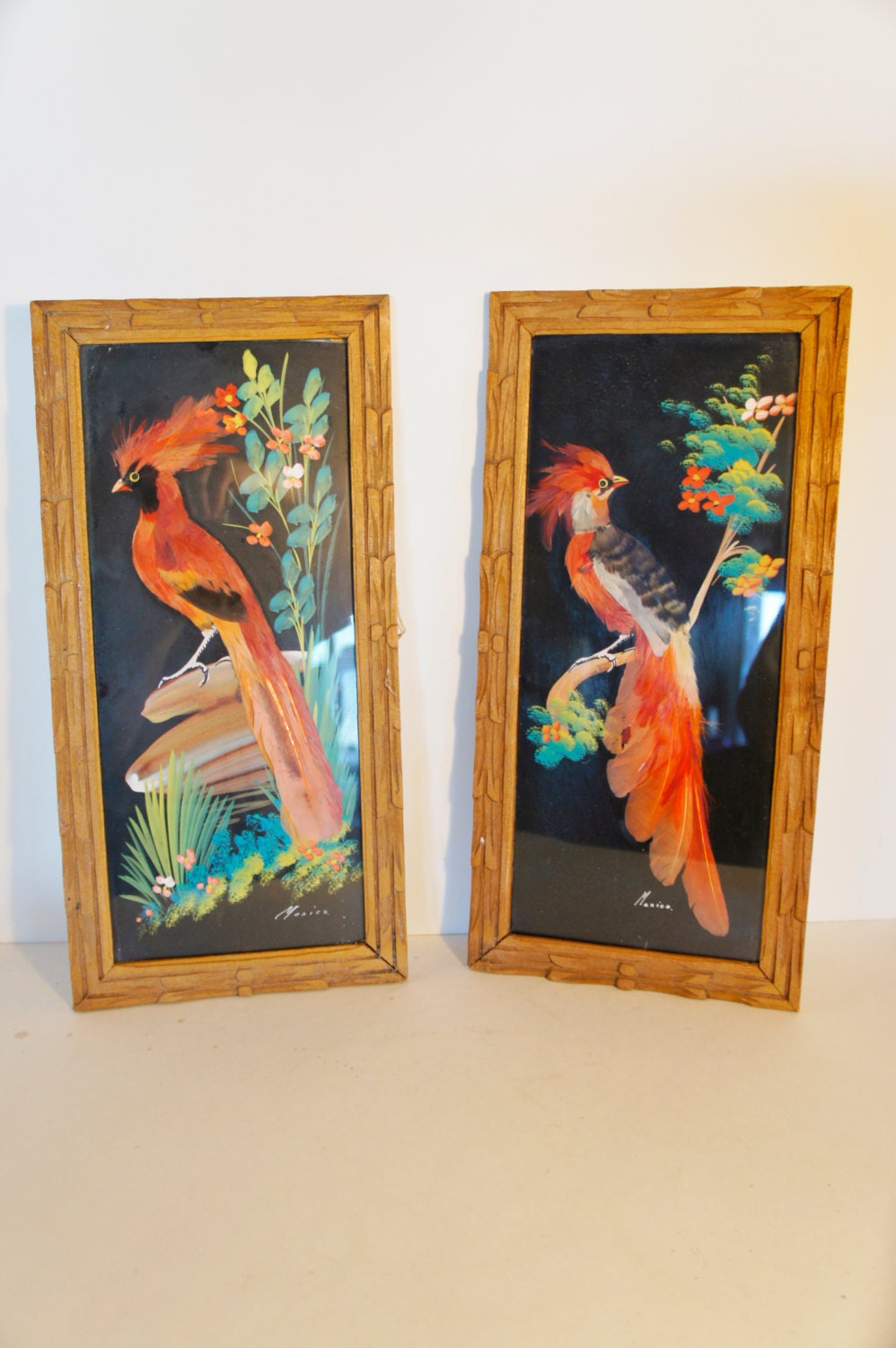 Pair feathercraft vintage bird feather art pictures Mexico