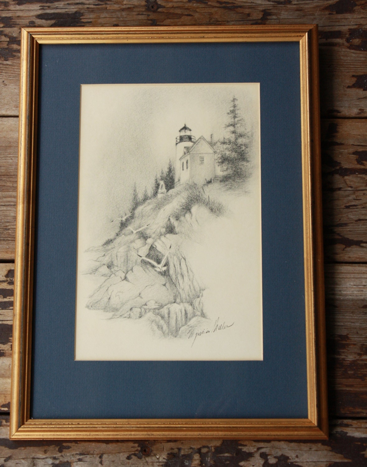 Vintage Signed Virginia Miller Lithograph-Lighthouse