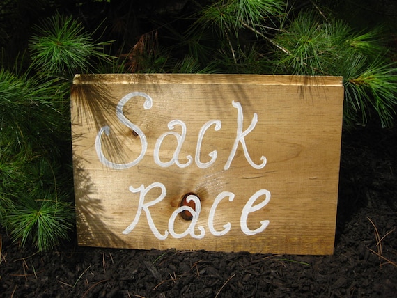 Items similar to Rustic Wooden Sign 'Sack Race' on Etsy