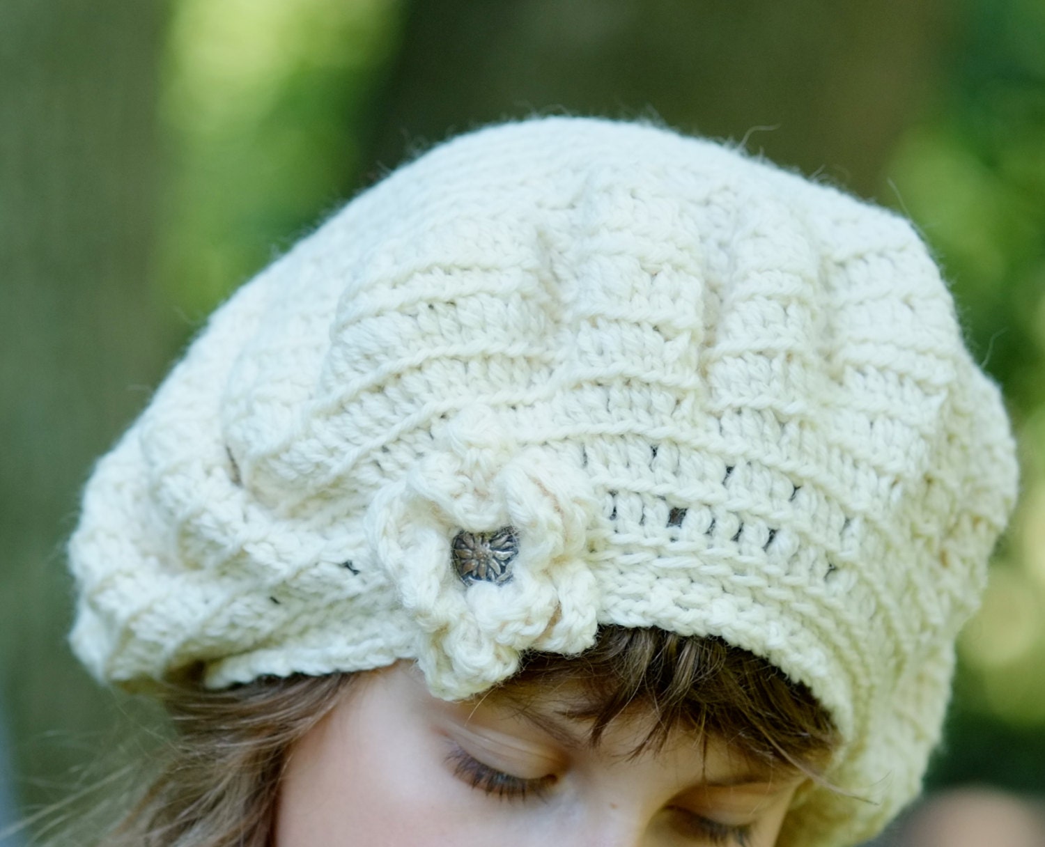 White Crocheted Cap Hat With Crocheted Flower / by Accessodium