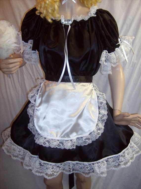 4pc Adult Black Satin French Maid Costume Sexy Sissy Dress And