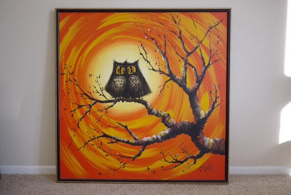 Mid Century Modern Big Eye Owl Painting signed by C. Roberts