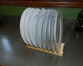 Custom fit wood plate rack for counter top or cabinet display.