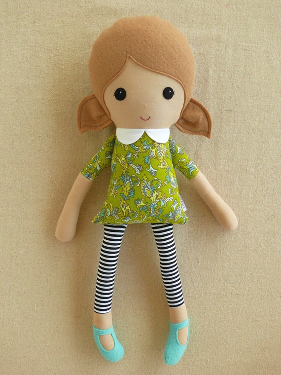 Fabric Doll Rag Doll Brown Haired Girl In Green Floral