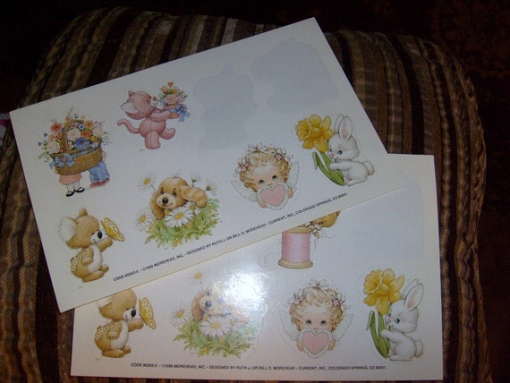 vintage stickers RUTH MOREHEAD SHEETS basket kids toy cat