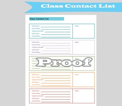 Class Contact List Back to School Organizing Child