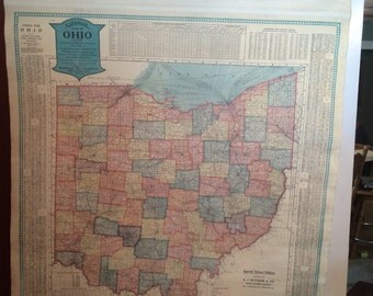 SALE- Vintage 1915 Nystrom Pull- Down Map of Ohio, Vintage School House
