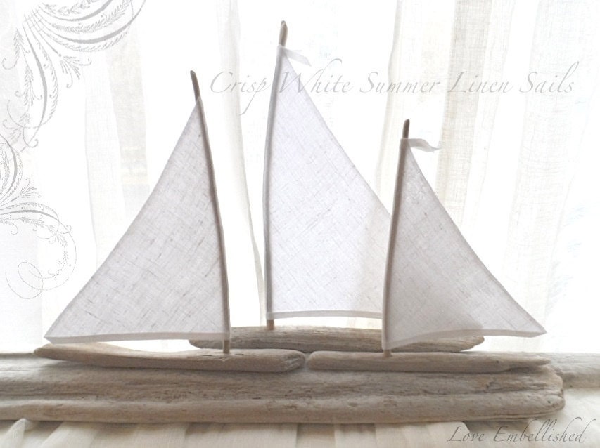 3 Crisp Summer White Linen Sails Set of 3 Large Driftwood Sailboats ...