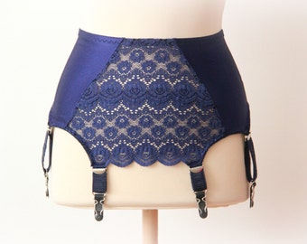 Blue Wide Lace Garter Belt 6 Strap Suspender Belt Size XS-4XL