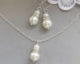 Cream Pearls Dainty Rhinestone Pearl Drop Wedding Necklace