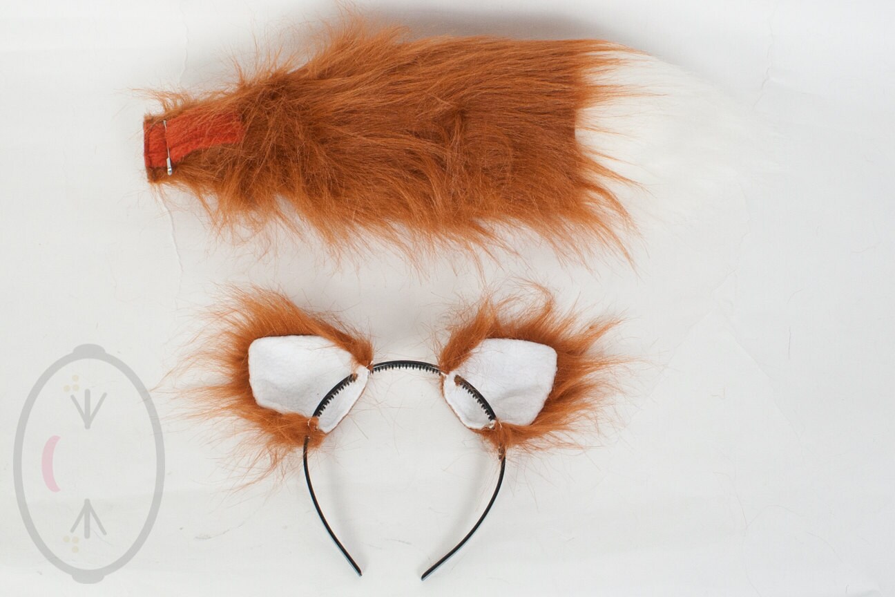SMALL Rust Furry Ear and/or 16 Tail with white tip Set