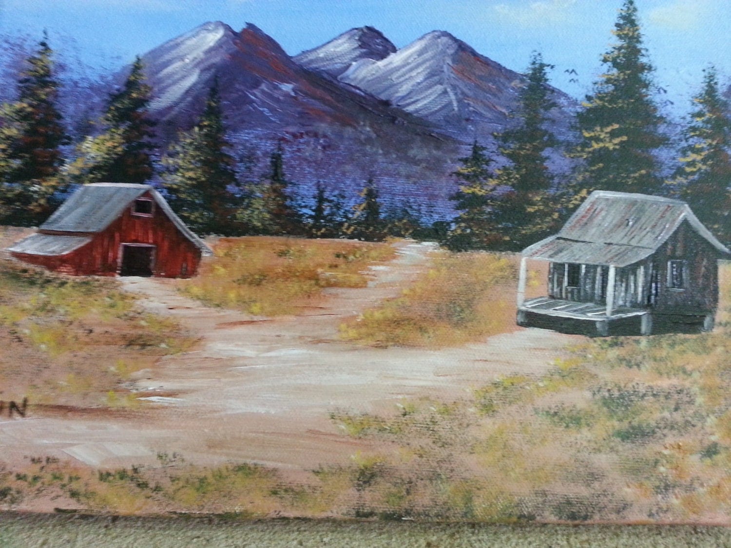 Painting featuring a mountain scene with a old red barn and an