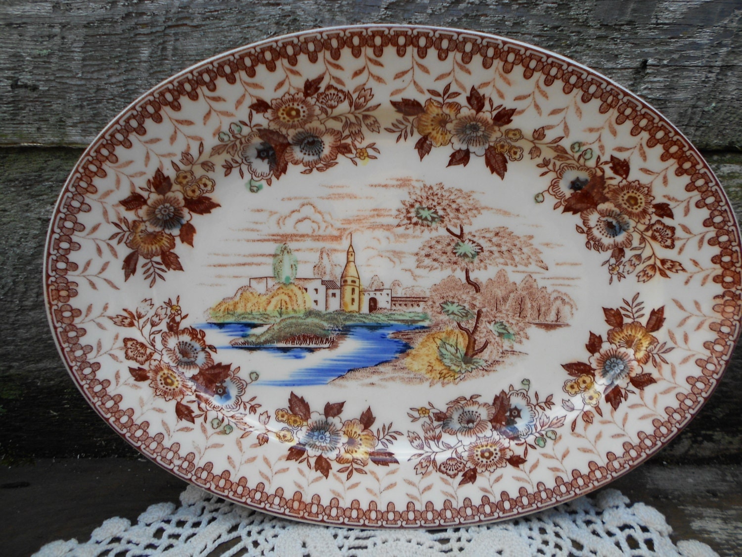 Vintage Oval Brown and Multi colored Platter, Brown Transferware, 12″ x ...