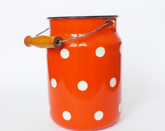 Vintage Soviet Russian enamel milk can, red polka dot, enamel milk box ...