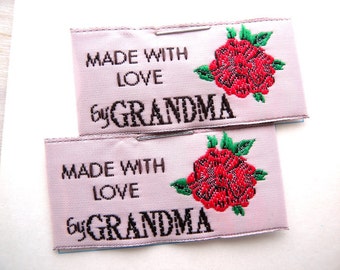 Made With Love By Grandma Embroidered Sew On Label Pink with a Red Rose ...