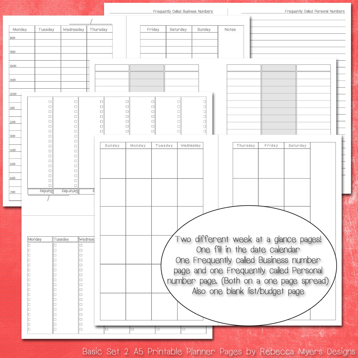 Basic Set 2 A5 Planner Pages for Filofax by RebeccaMyersDesigns