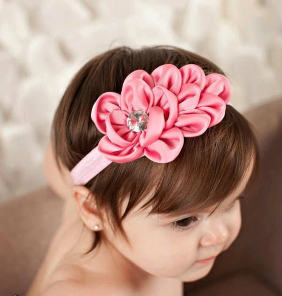 Items similar to Pink Satin flower headband for girls or women. Spring ...