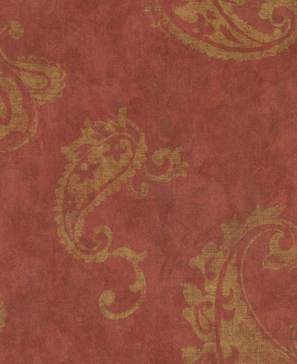 Distressed Gold Paisley Damask on Deep Red Faux Texture Effect