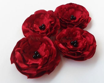 Red Flowers, Red Fabric Flowers, Satin Flowers Fabric with Black Pearl ...