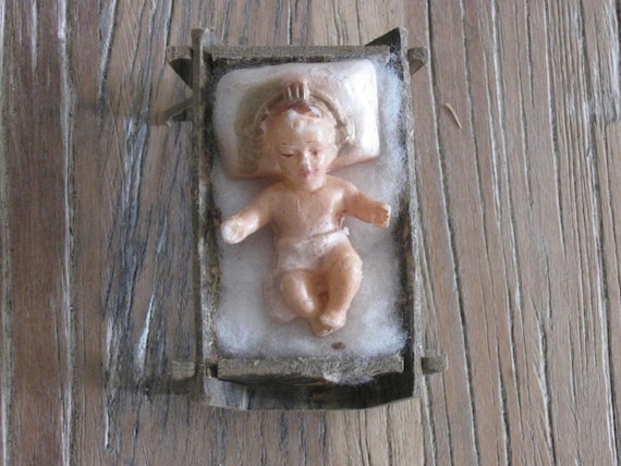Vintage Plastic Baby Jesus in Cardboard Manger