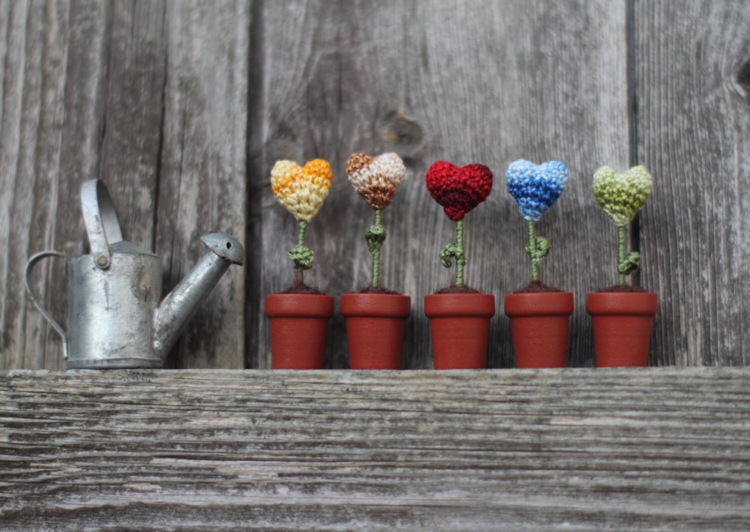 Miniature flowers hearts in the pots Set of five by FancyKnittles