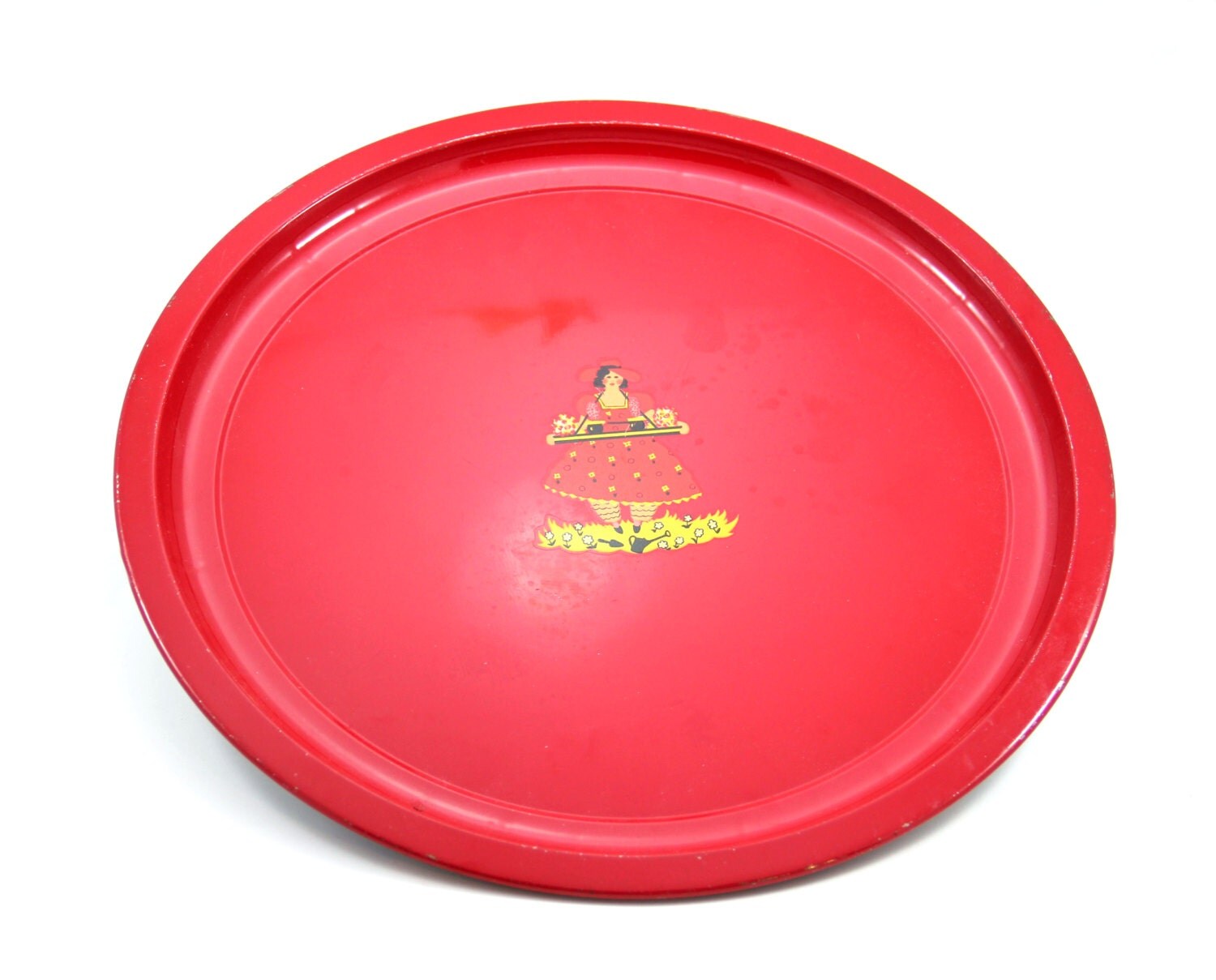 Red Metal Round Tray With Lady Decal, Vintage Red Metal Tray – Haute Juice