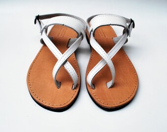 Leather flat sandals in natural color leather by NikolaSandals