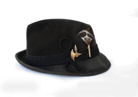 Items similar to Vintage Black Velour Champ Fedora With Ax and Feather ...
