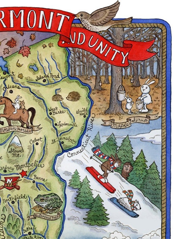 Map of Vermont State Art Print 11x14 by SepiaLepus on Etsy