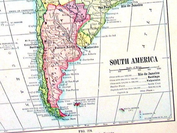 South America Map Antique 1910 World Atlas Book Plate 9 x