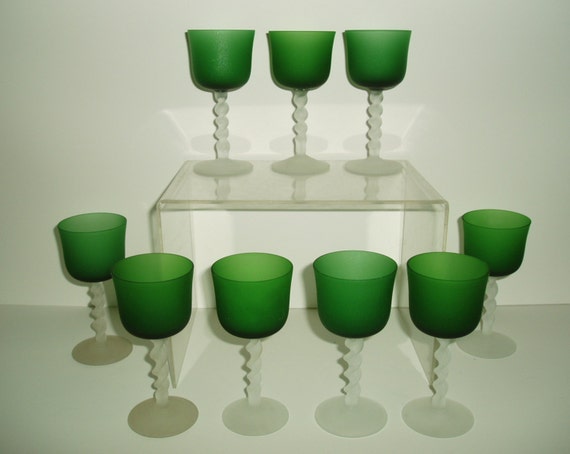 Vintage Frosted Green Glass Cordial Glasses Sherry By Shab2chic