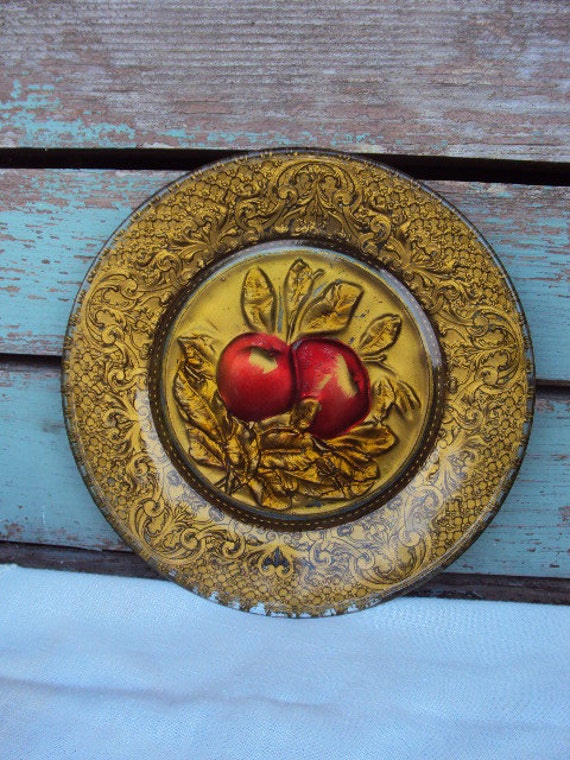 Vintage Goofus Glass Decorative Plate Apples Reverse painted