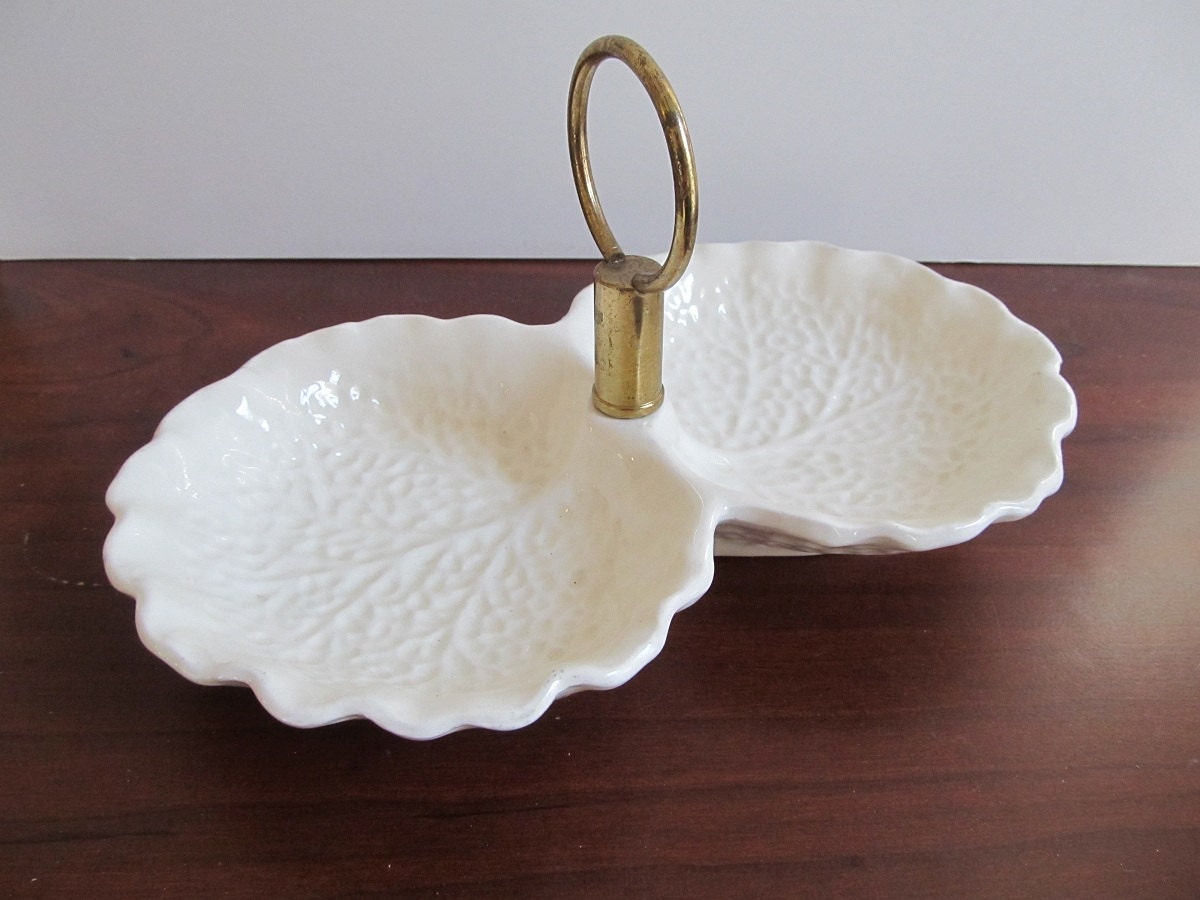 Stangl Cabbage Leaf Divided Condiment Dish with Brass Handle – Vintage ...