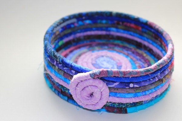 OOAK Small Round Coiled Fabric Wrapped Basket Vivid Rich Blues