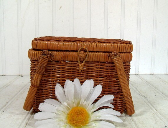 Petite Wicker Two Handled Basket Vintage Hand Woven