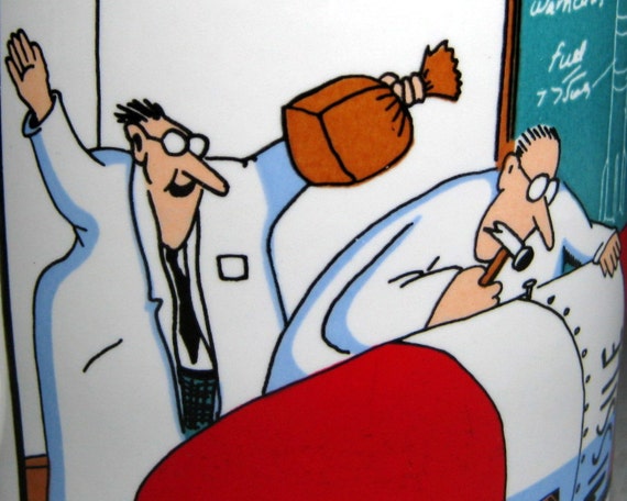 gary larson FAR SIDE mug rocket scientists paper bag missile
