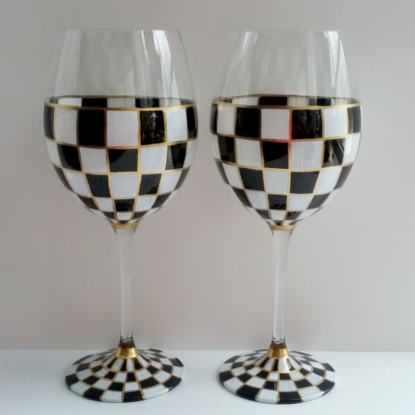 Black and white checked hand painted wine glasses