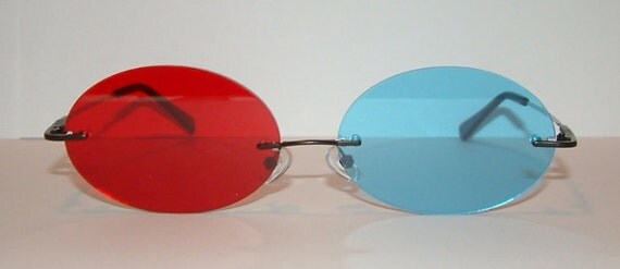 Large Red and Blue Oval cosplay costume glasses.
