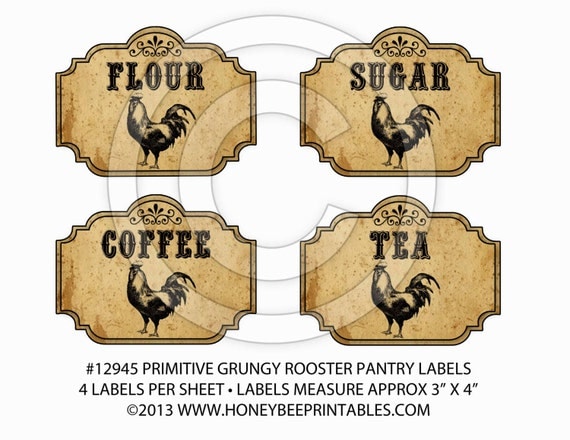 Primitive Rooster Kitchen Pantry Farmhouse Labels-Printable