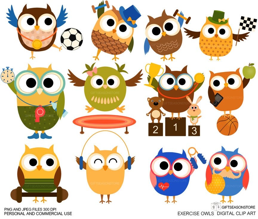 Exercise owl Digital clip art for Personal and Commercial use