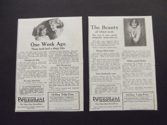 2 PEPSODENT TOOTHPASTE ADS Original Vintage 1920's
